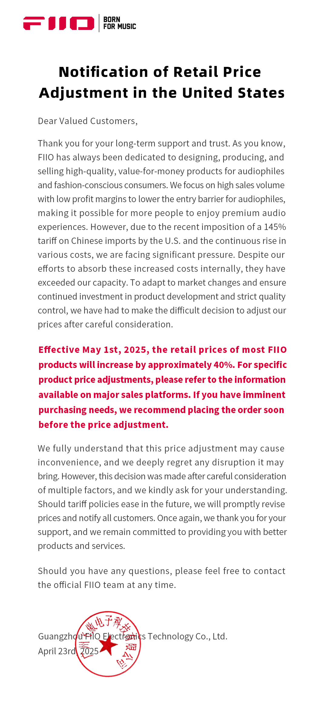 Notification of Retail Price Adjustment in the United States ...