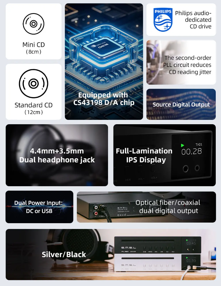 SMSL PL150 Audiophile CD Player CS43198 chip with Headphone Jack ...