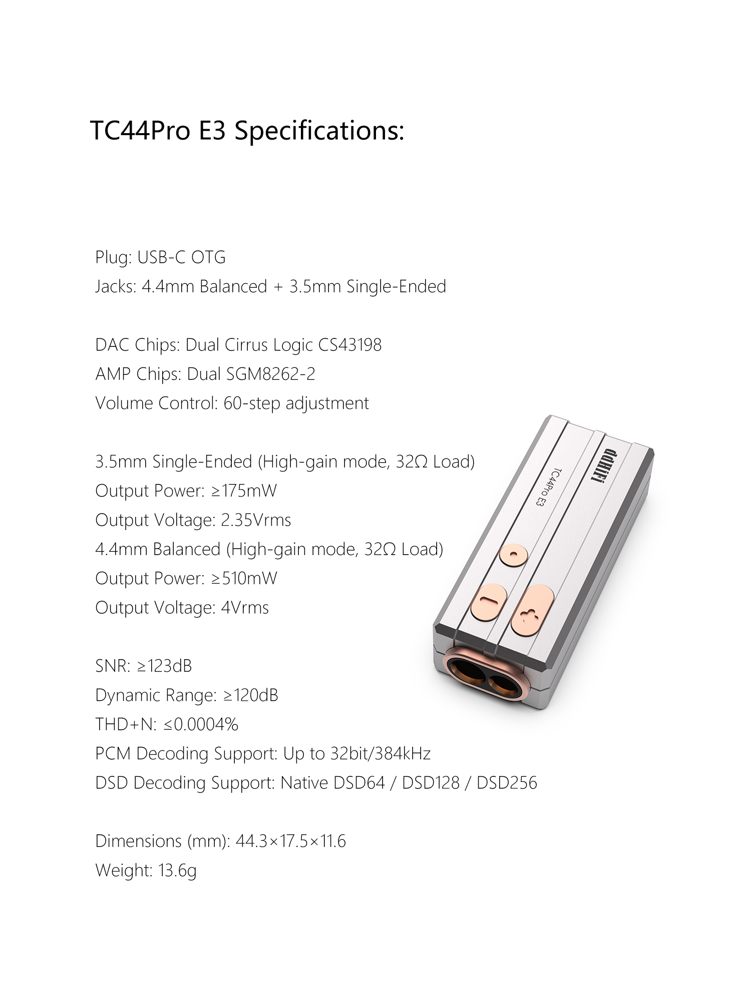 ddHiFi TC44Pro E3 Hi-Res DAC/AMP Adapter with Dual CS43198 DAC, 3.5mm ...